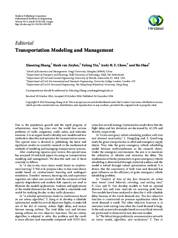(PDF) Transportation Modeling and Management