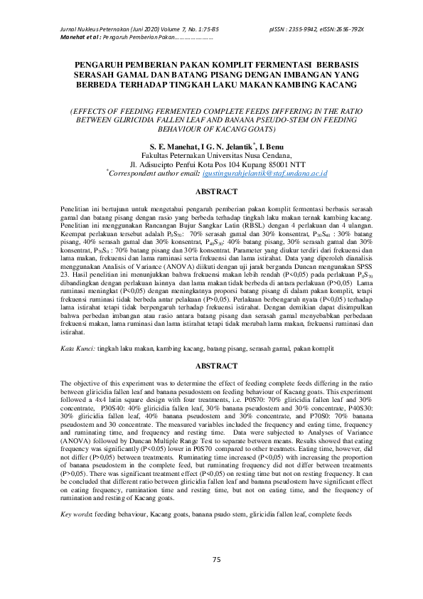 (PDF) Pengaruh pemberian pakan komplit fermentasi berbasis serasah gamal dan batang pisang ...