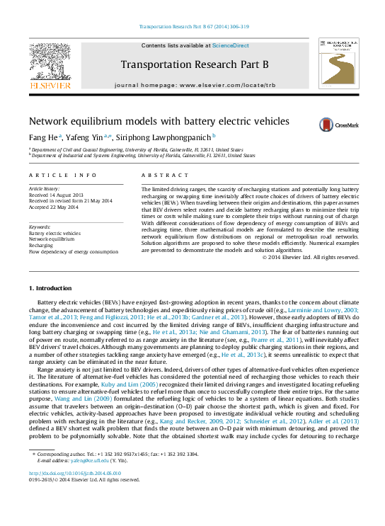 (PDF) Network equilibrium models with battery electric vehicles
