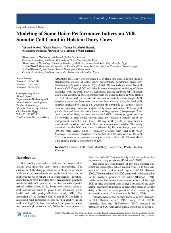 (PDF) Modeling of Some Dairy Performance Indices on Milk Somatic Cell Count in Holstein Dairy ...