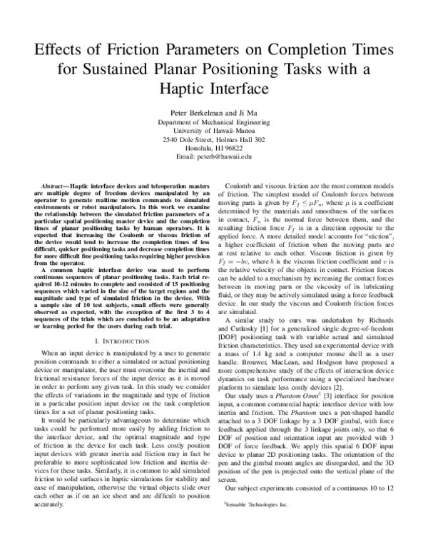 (PDF) Effects of Friction Parameters on Completion Times for Sustained Planar Positioning Tasks ...