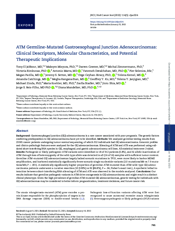 (PDF) ATM Germline-Mutated Gastroesophageal Junction Adenocarcinomas ...