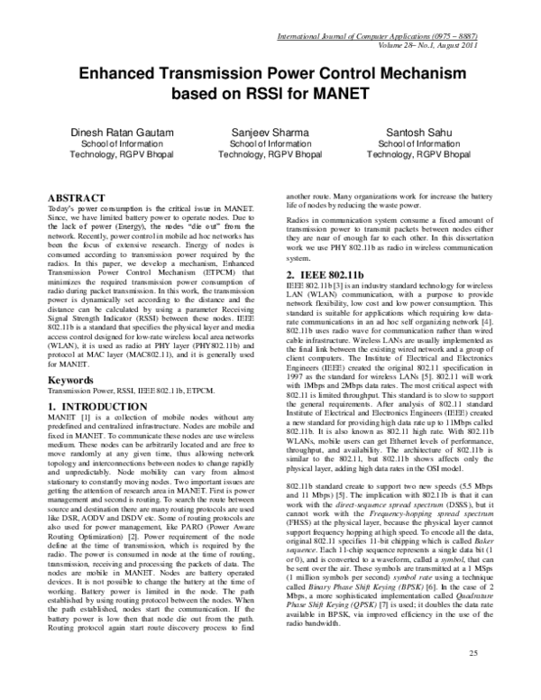 (PDF) Enhanced Transmission Power Control Mechanism based on RSSI for MANET