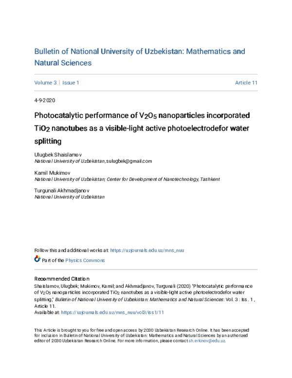 (PDF) Photocatalytic performance of V2O5 nanoparticles incorporated TiO2 nanotubes as a visible ...