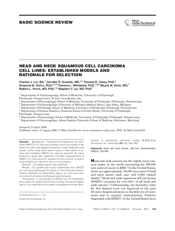 (PDF) Head and neck squamous cell carcinoma cell lines: Established ...