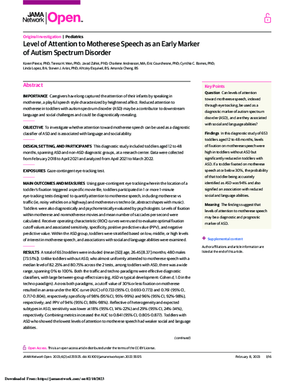 (PDF) Level of Attention to Motherese Speech as an Early Marker of ...
