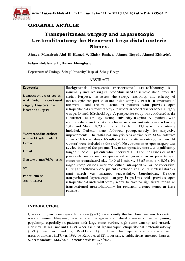 (PDF) Transperitoneal Surgery and Laparoscopic Ureterolithotomy for ...