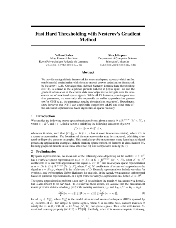(PDF) Fast hard thresholding with Nesterov s gradient method
