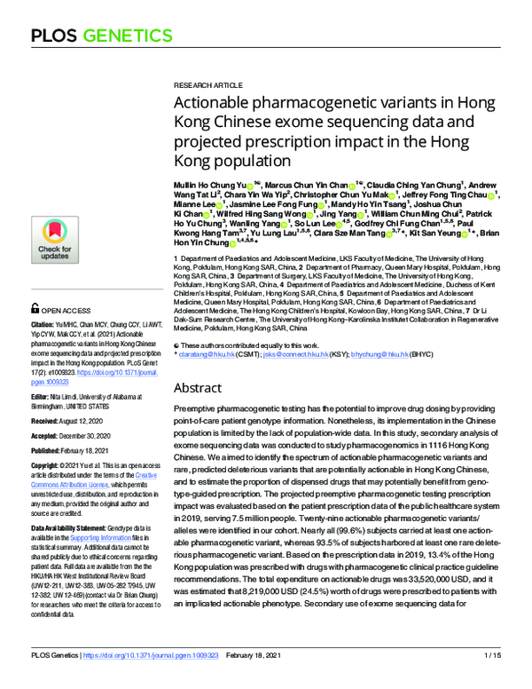 (PDF) Actionable pharmacogenetic variants in Hong Kong Chinese exome ...