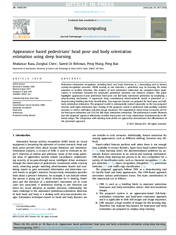 (PDF) Appearance based pedestrians’ head pose and body orientation estimation using deep ...