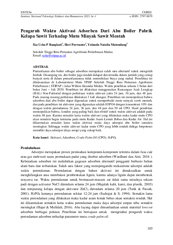 (PDF) Pengaruh Waktu Aktivasi Adsorben Dari Abu Boiler Pabrik Kelapa ...