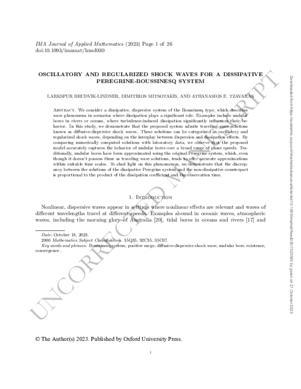 Pdf Oscillatory And Regularized Shock Waves For A Dissipative Peregrine Boussinesq System