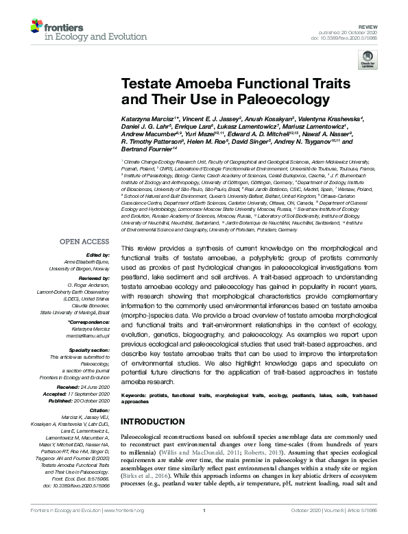 (PDF) Testate Amoeba Functional Traits and Their Use in Paleoecology