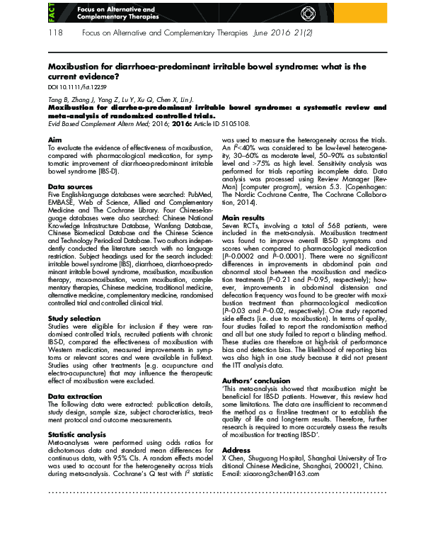 (PDF) Moxibustion for diarrhoea-predominant irritable bowel syndrome: what is the current evidence?