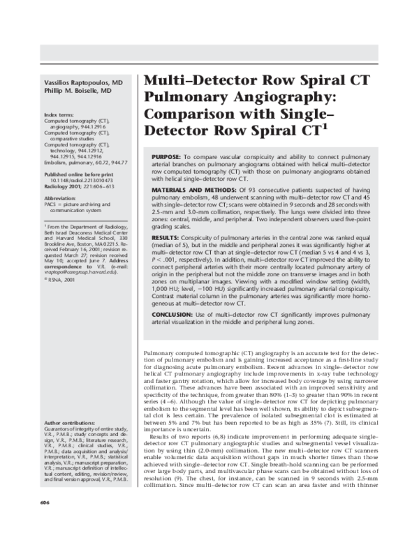Pdf Multi Detector Row Spiral Ct Pulmonary Angiography Comparison With Single Detector Row