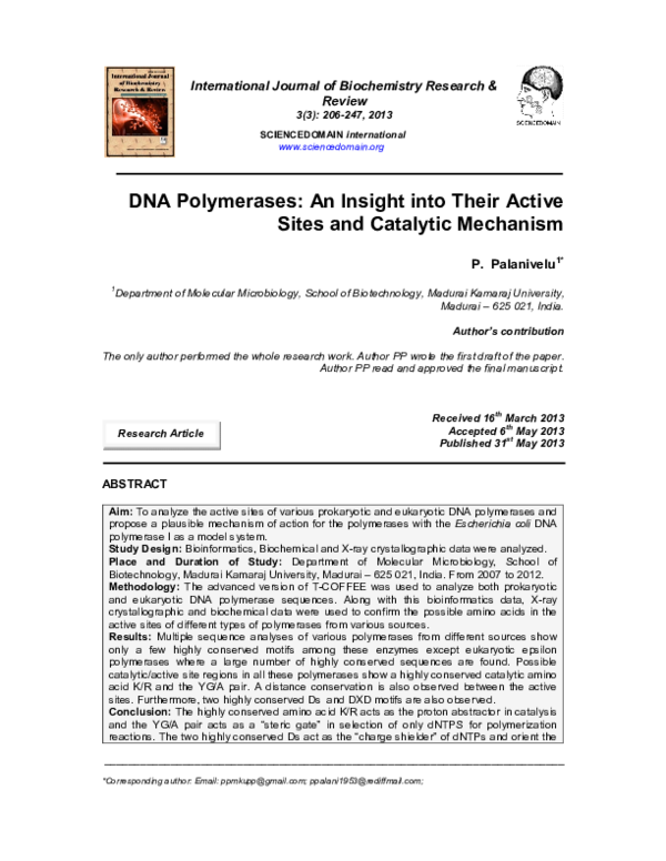 (PDF) DNA Polymerases: An Insight into Their Active Sites and Catalytic ...