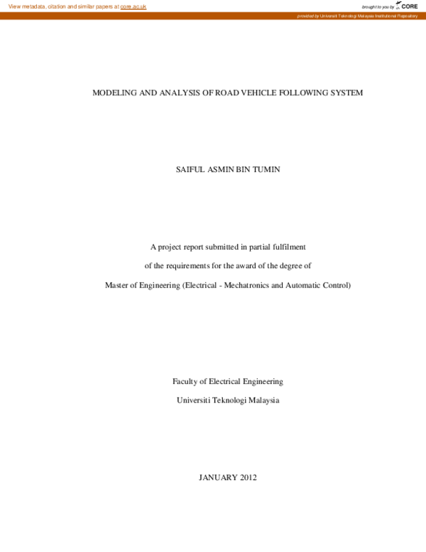 (PDF) Modeling and analysis of road vehicle following system
