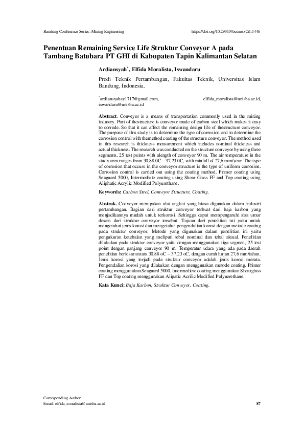 (PDF) Penentuan Remaining Service Life Struktur Conveyor A pada Tambang ...