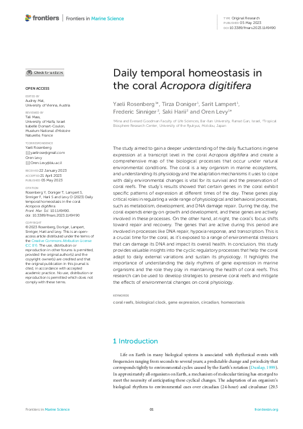 (PDF) Daily temporal homeostasis in the coral Acropora digitifera