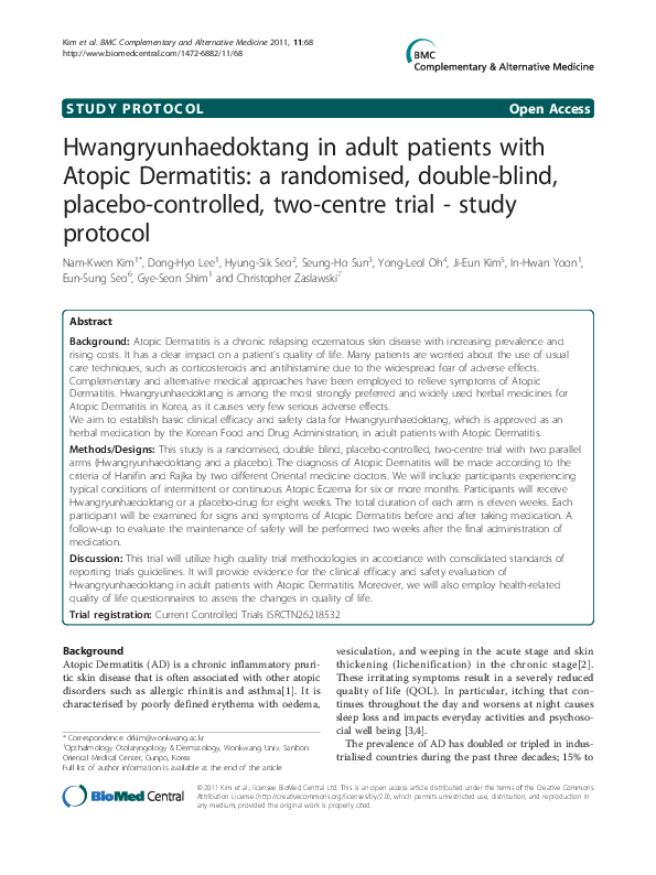 (PDF) Hwangryunhaedoktang in adult patients with Atopic Dermatitis: a randomised, double-blind ...