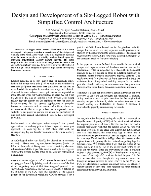 (PDF) Design and Development of a Six-Legged Robot with Simplified Control Architecture