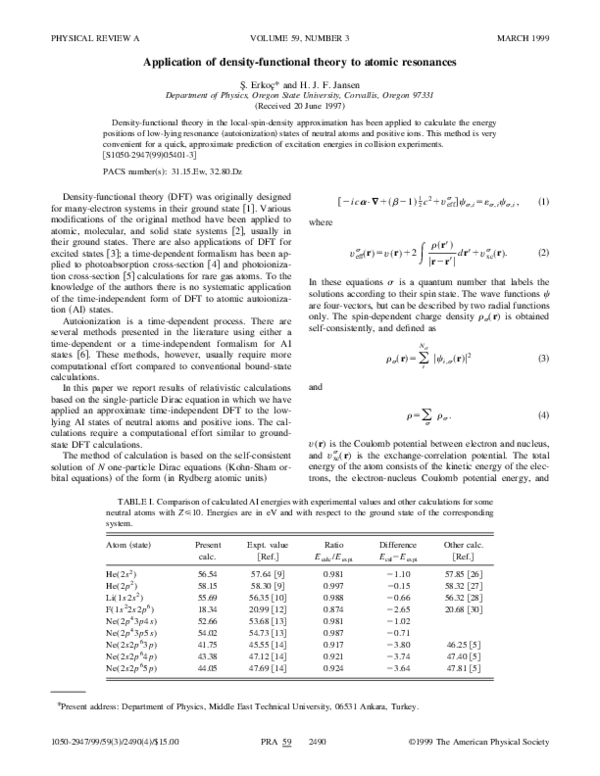 (PDF) Application of density-functional theory to atomic resonances