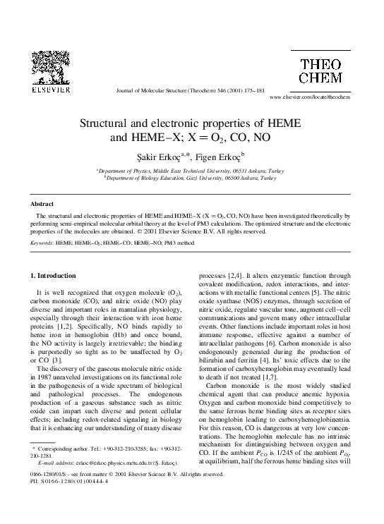 (PDF) Structural and electronic properties of HEME and HEME–X; X=O2, CO, NO