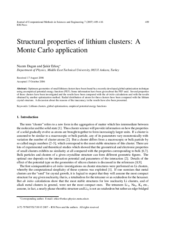 (PDF) Structural properties of lithium clusters: A Monte Carlo application
