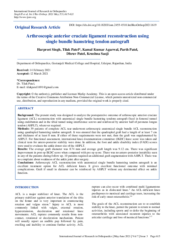 (PDF) Arthroscopic anterior cruciate ligament reconstruction using ...