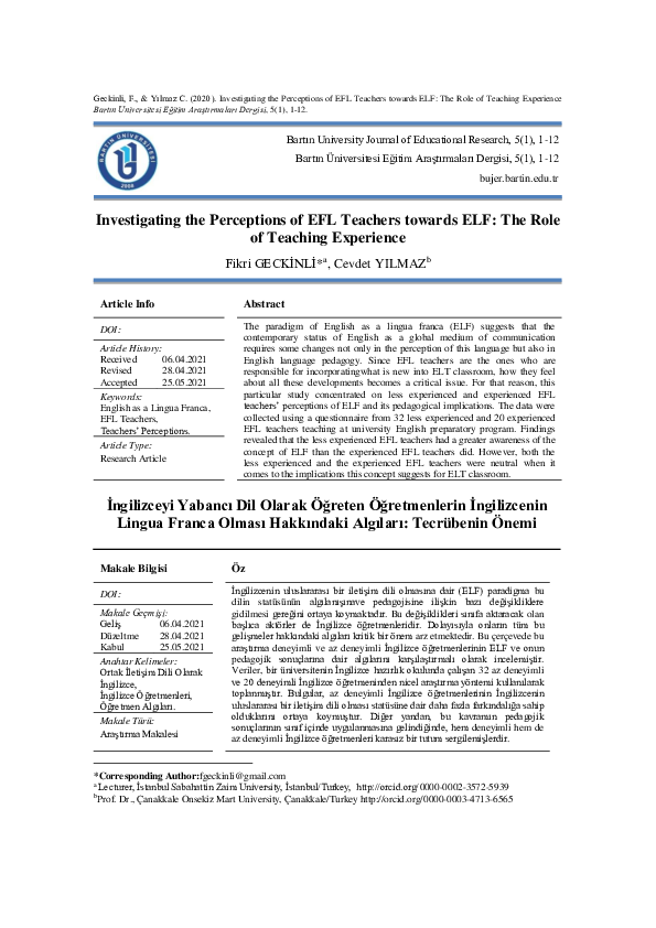 (PDF) Investigating the Perceptions of EFL Teachers towards ELF: The ...