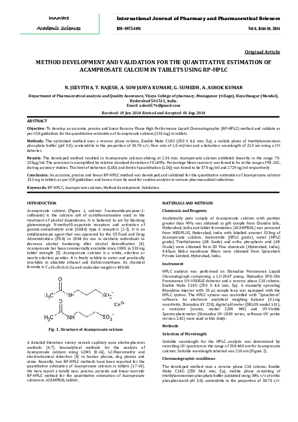 Pdf Method Development And Validation For The Quantitative Estimation Of Acamprosate Calcium
