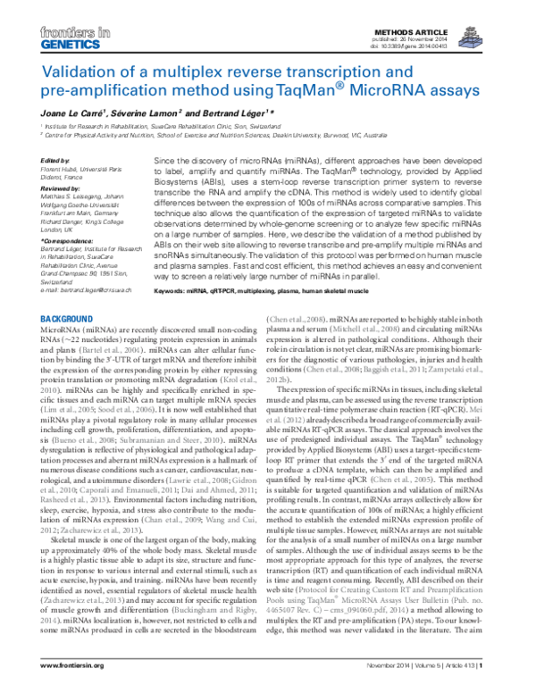(PDF) Validation of a multiplex reverse transcription and pre-amplification method using TaqManÂ ...