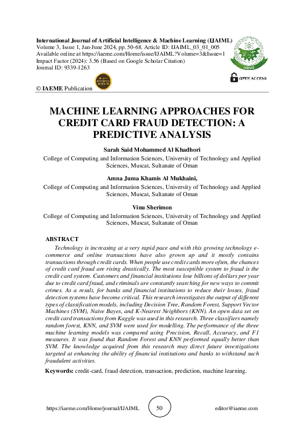 (PDF) MACHINE LEARNING APPROACHES FOR CREDIT CARD FRAUD DETECTION: A PREDICTIVE ANALYSIS