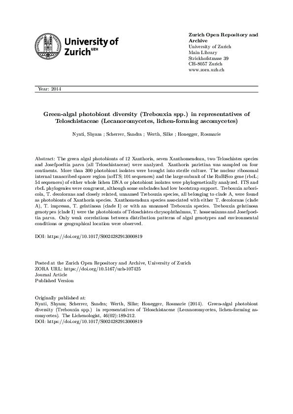 (PDF) Green-algal photobiont diversity ( Trebouxia spp.) in ...