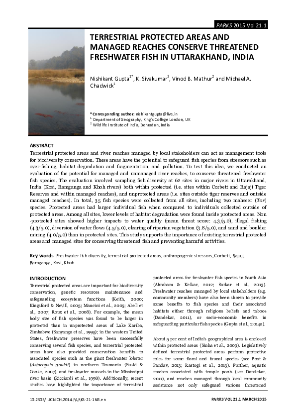 (PDF) Terrestrial protected areas and managed reaches conserve ...