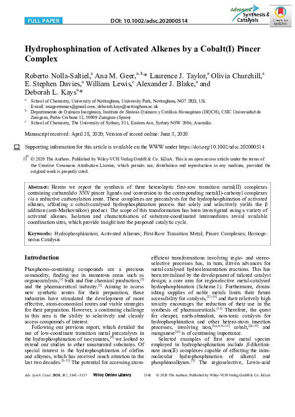 (PDF) Hydrophosphination of Activated Alkenes by a Cobalt(I) Pincer Complex