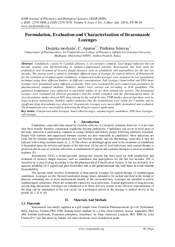 (PDF) Formulation, Evaluation and Characterization of Itraconazole Lozenges