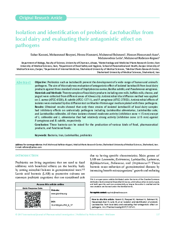 (PDF) Isolation and identification of probiotic Lactobacillus from ...