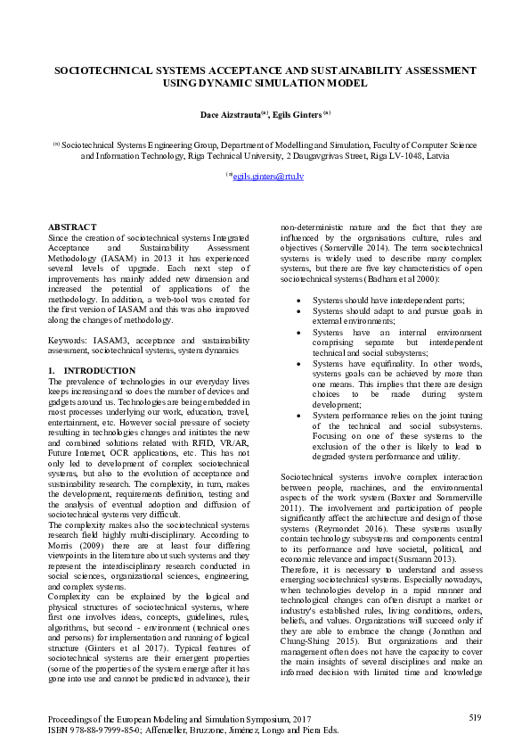 (PDF) Sociotechnical systems acceptance and sustainability assessment using dynamic simulation model