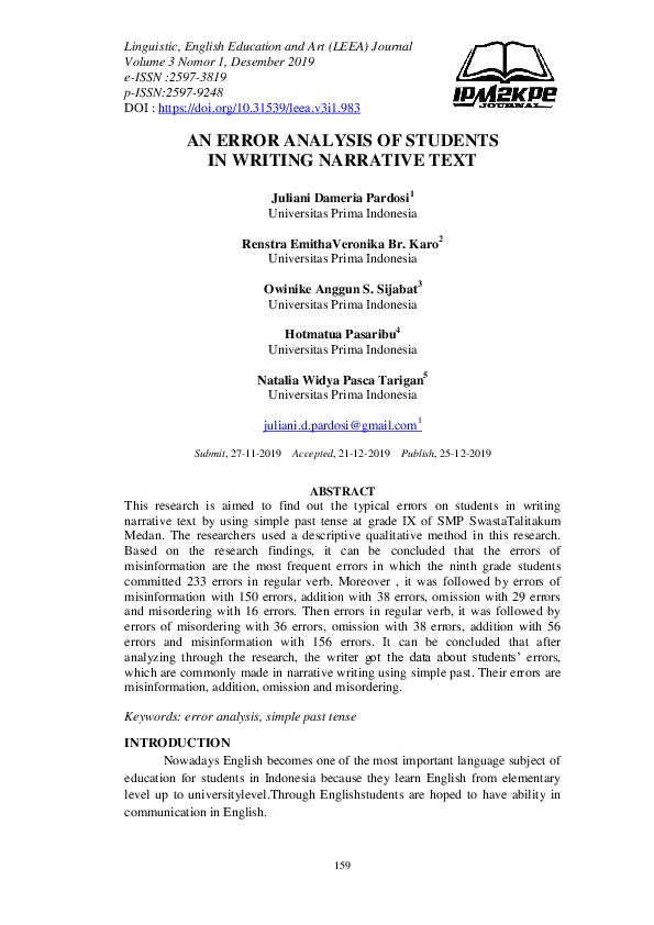 (PDF) An Error Analysis of Students in Writing Narrative Text