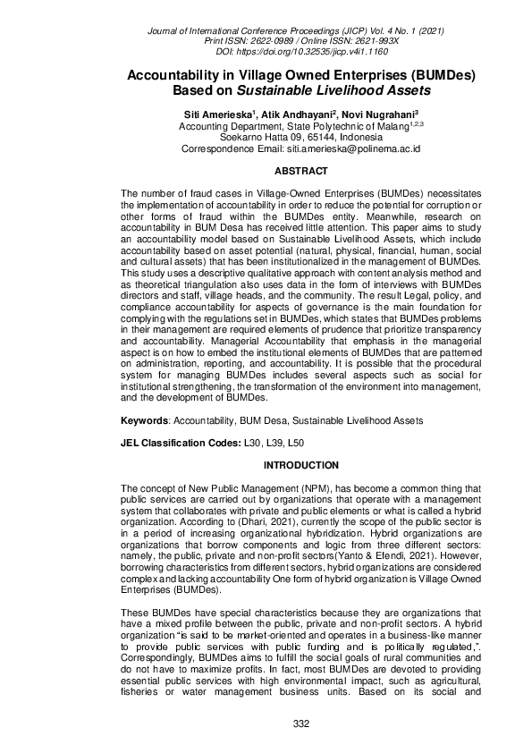 (PDF) Accountability in Village Owned Enterprises (BUMDes) Based on Sustainable Livelihood Assets