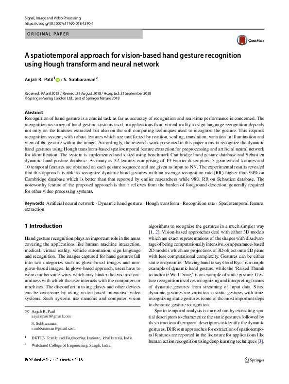 (PDF) A spatiotemporal approach for vision-based hand gesture recognition using Hough transform ...