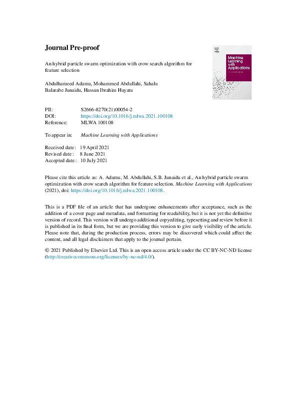 Pdf An Hybrid Particle Swarm Optimization With Crow Search Algorithm For Feature Selection