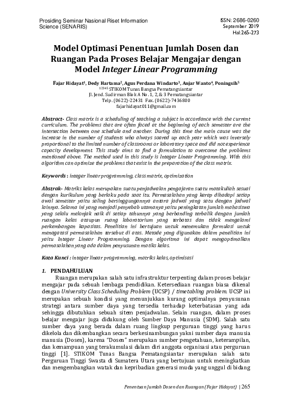 (PDF) Model Optimasi Penentuan Jumlah Dosen dan Ruangan Pada Proses Belajar Mengajar dengan ...