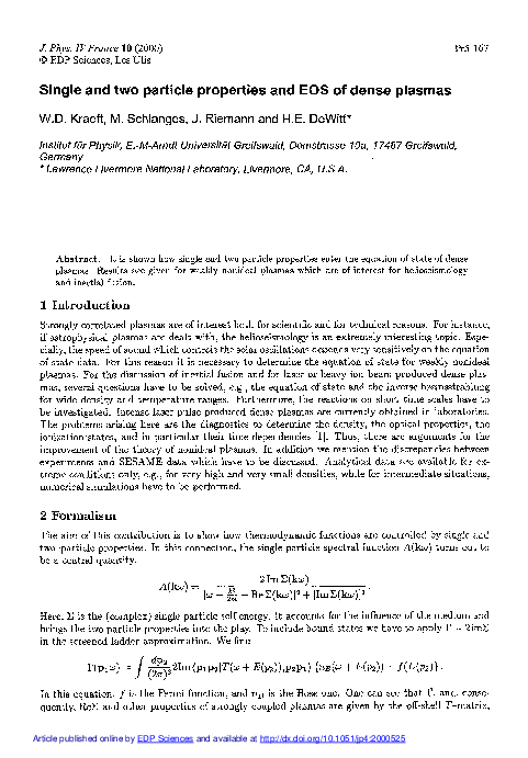 (PDF) Single and two particle properties and EOS of dense plasmas | Wolf Kraeft - Academia.edu