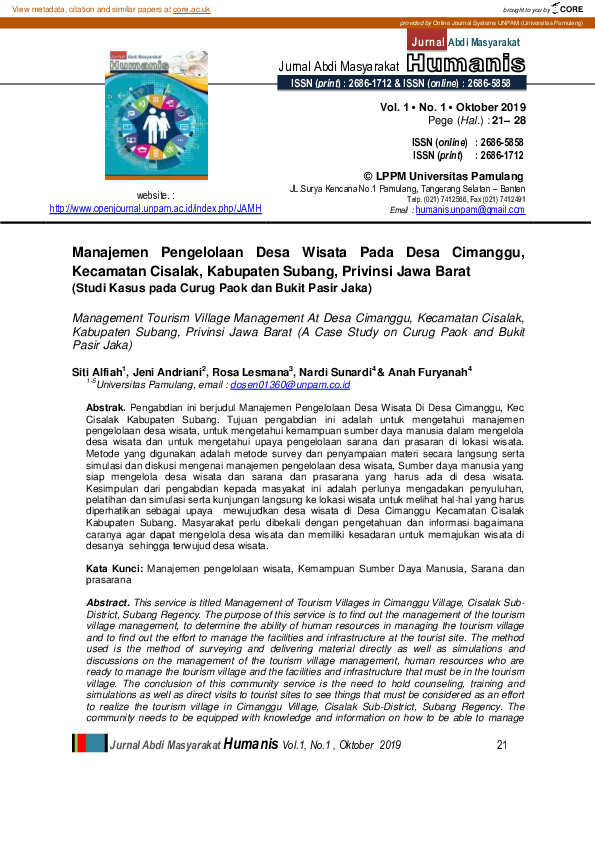 (PDF) Manajemen Pengelolaan Desa Wisata Pada Desa Cimanggu, Kecamatan ...