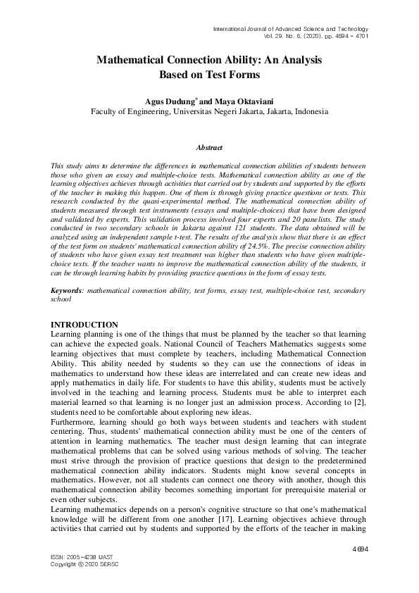 (PDF) Mathematical Connection Ability: An Analysis Based on Test Forms