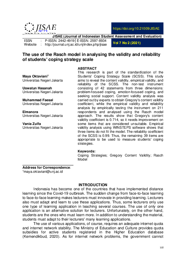 (PDF) The Use of the Rasch Model in Analysing the Validity and Reliability of Students’ Coping ...