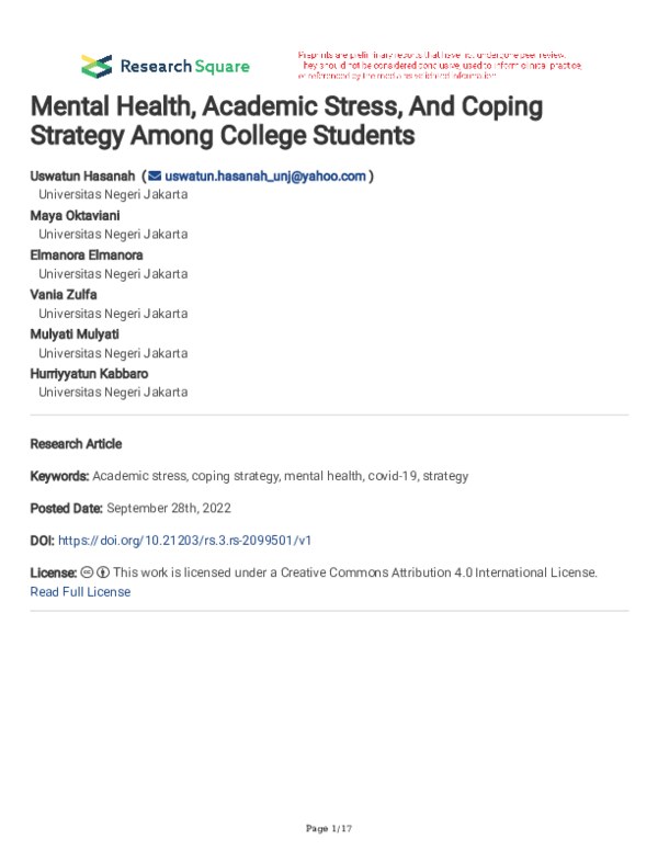 (PDF) Mental Health, Academic Stress, And Coping Strategy Among College ...