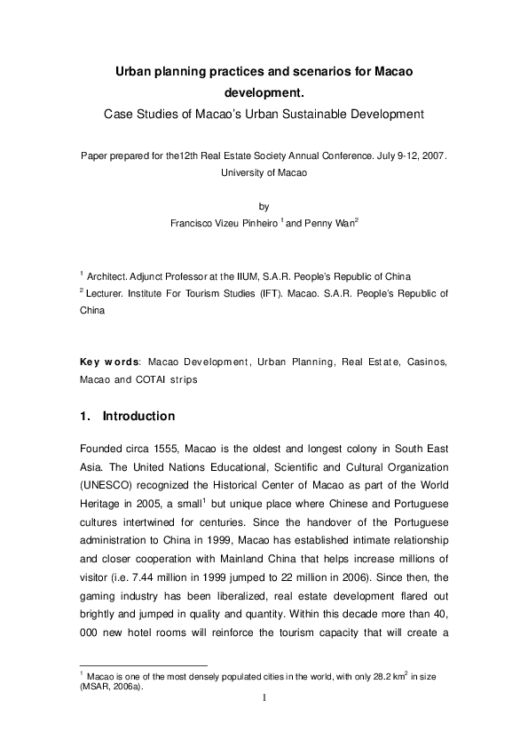 (PDF) Urban planning practices and scenarios for Macao development ...
